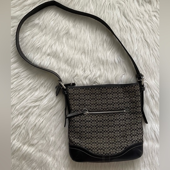 Coach | Bags | Coach Jacquard Logo Black Leather Fabric Crossbody Bag ...